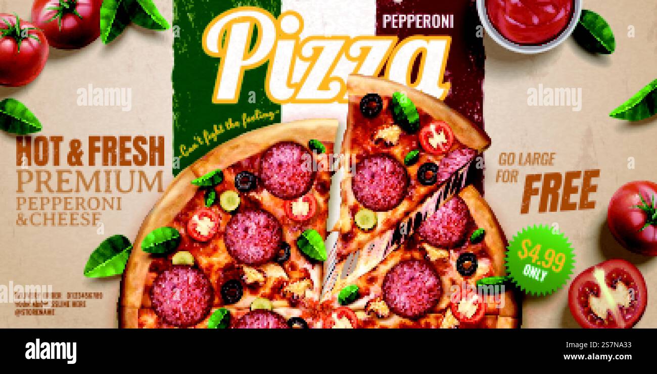 Pepperoni pizza banner ads on kraft paper italian flag background with ...
