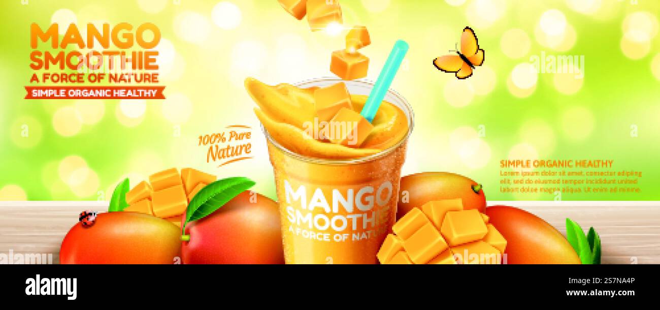 Mango smoothie banner ads on bokeh green glitter background in 3d ...