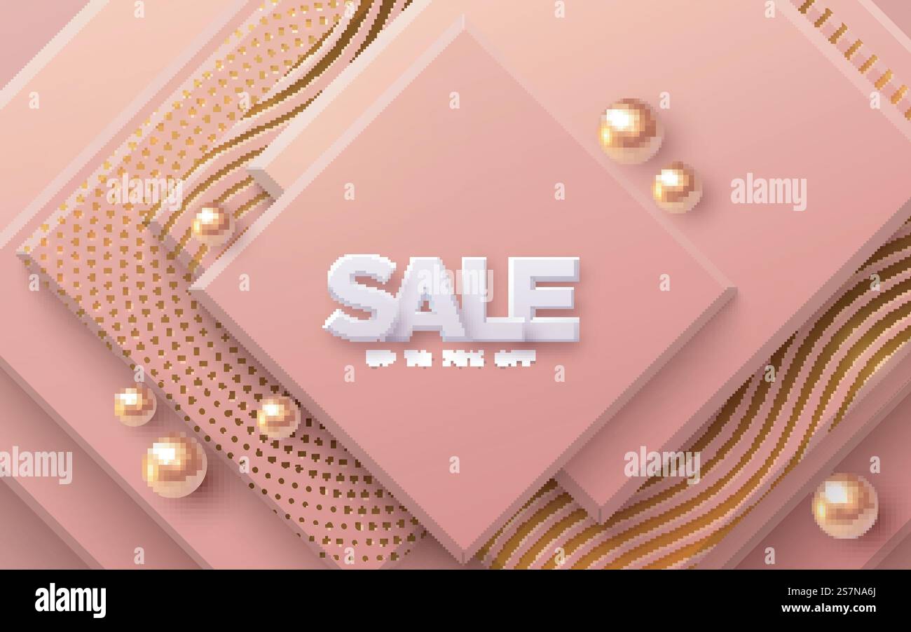 Sale banner with paper badge on layered coral pink background with ...