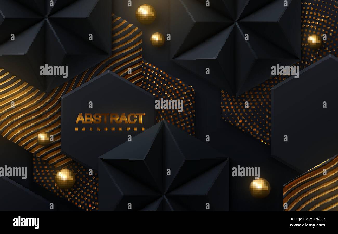 Abstract background of black hexagonal tiles textured with golden shiny patterns Stock Vector ...