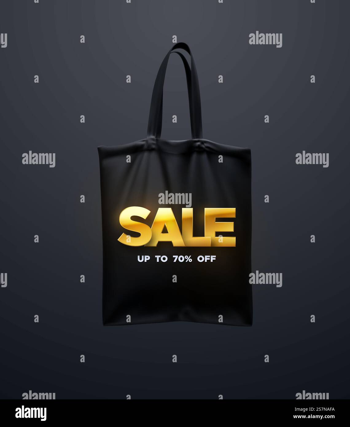 Black tote bag with golden SALE sign. Vector 3d illustration. Reusable ...