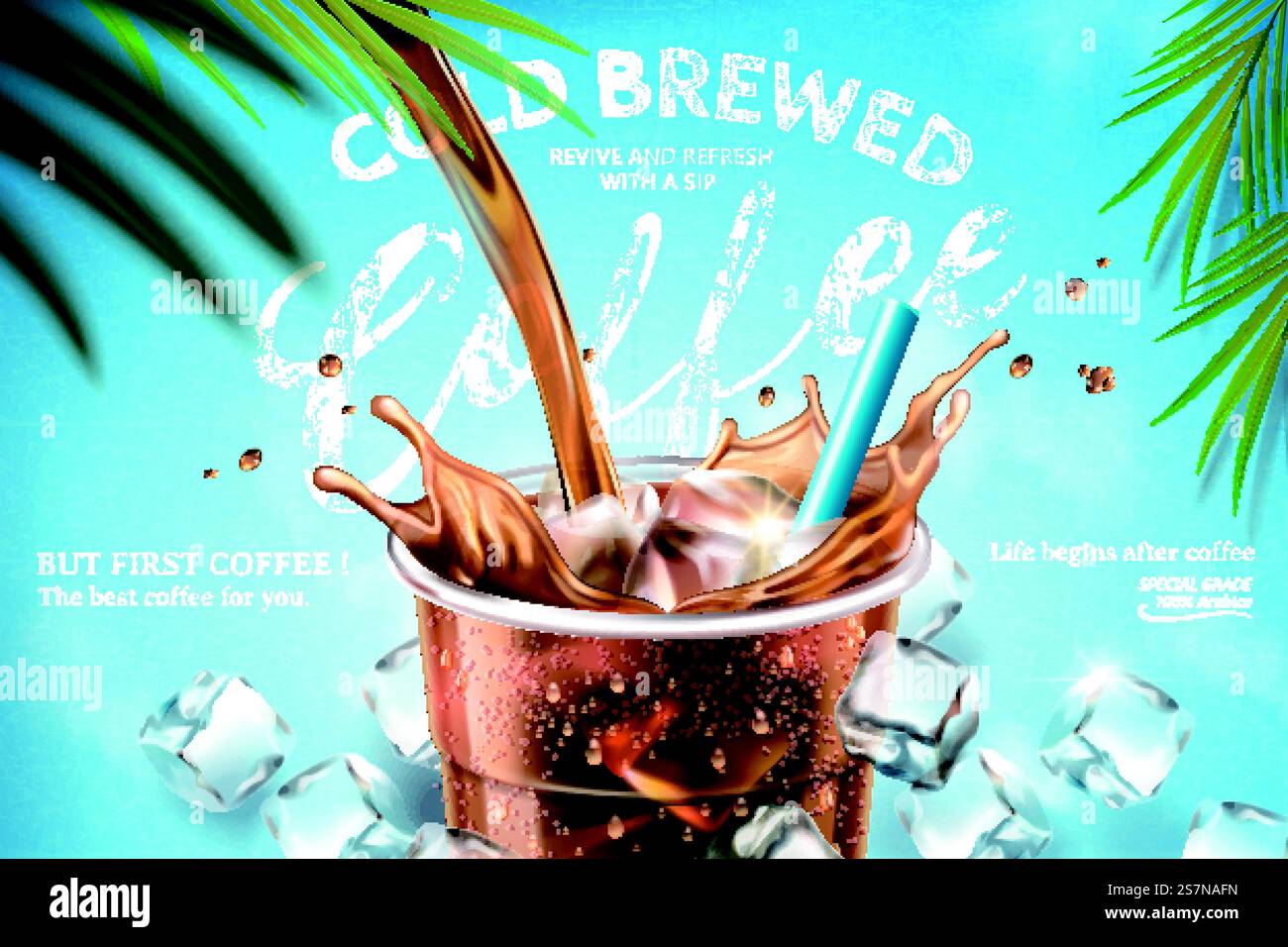 Cold brewed coffee pouring down from top into takeaway cup with ice ...