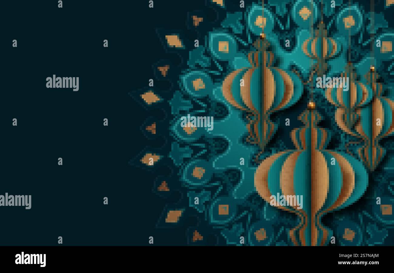 Islamic greeting card design for Ramadan. Paper art style. vector ...