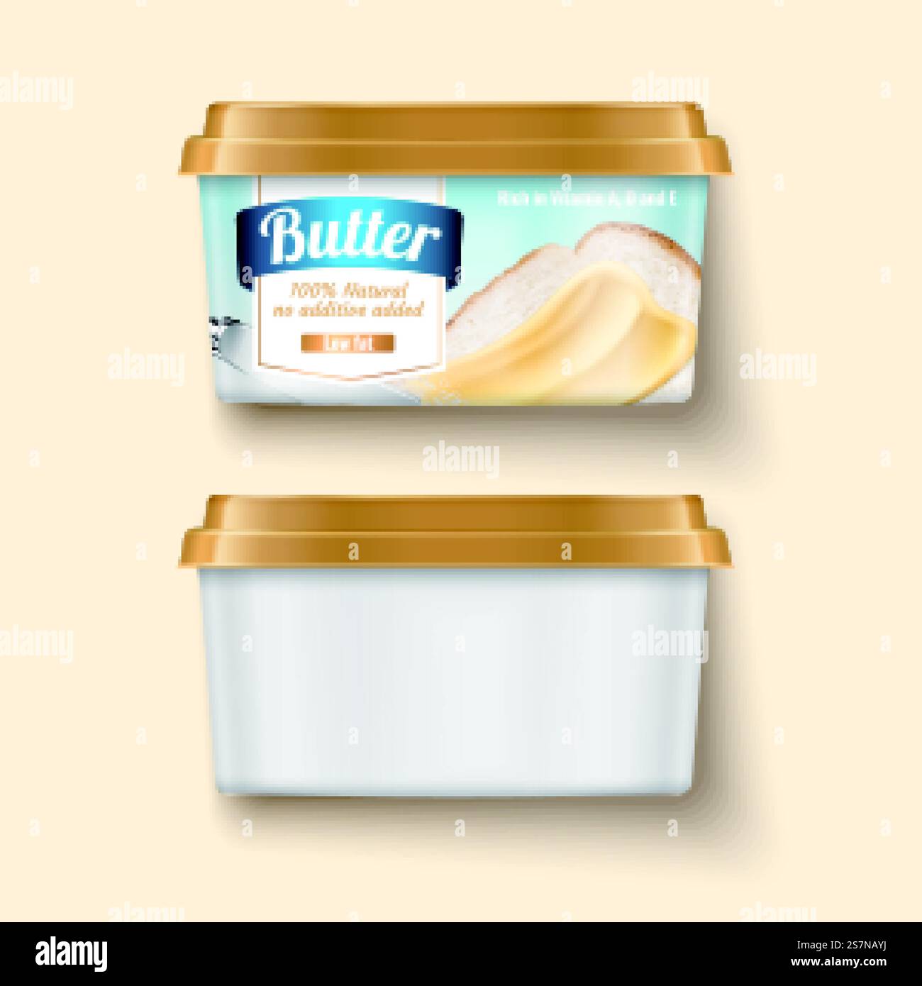 3d illustration butter spread container box lay on the light yellow ...