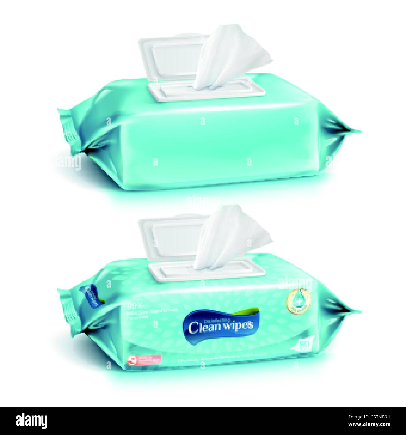 Set of cleaning wipes in light greenish blue design, one with package ...