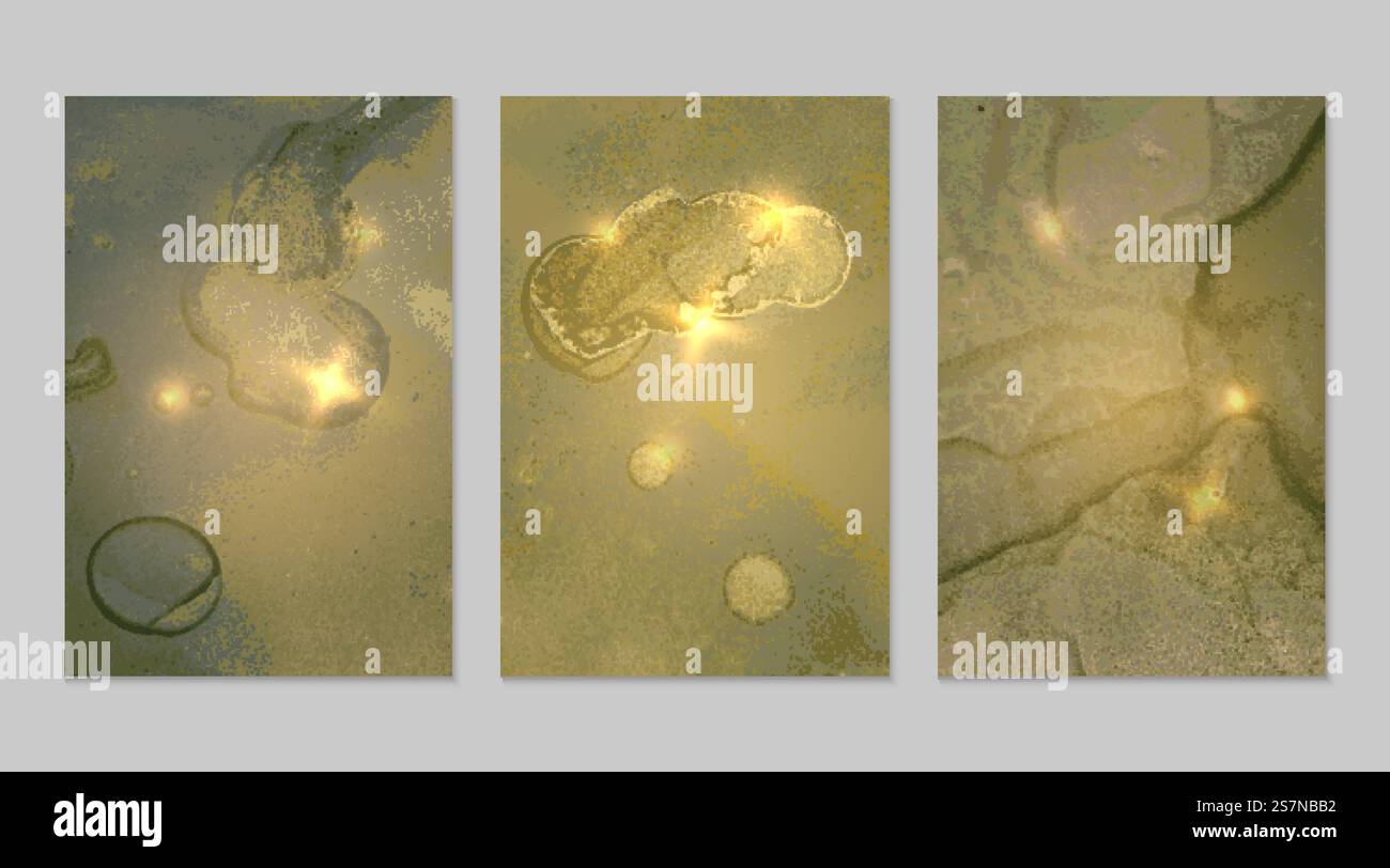 Set of gold and green textures of geode and sparkles, alcohol ink ...