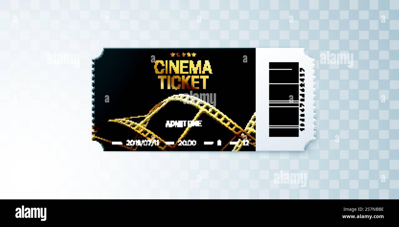 Black cinema ticket with golden film strip isolated on transparent ...