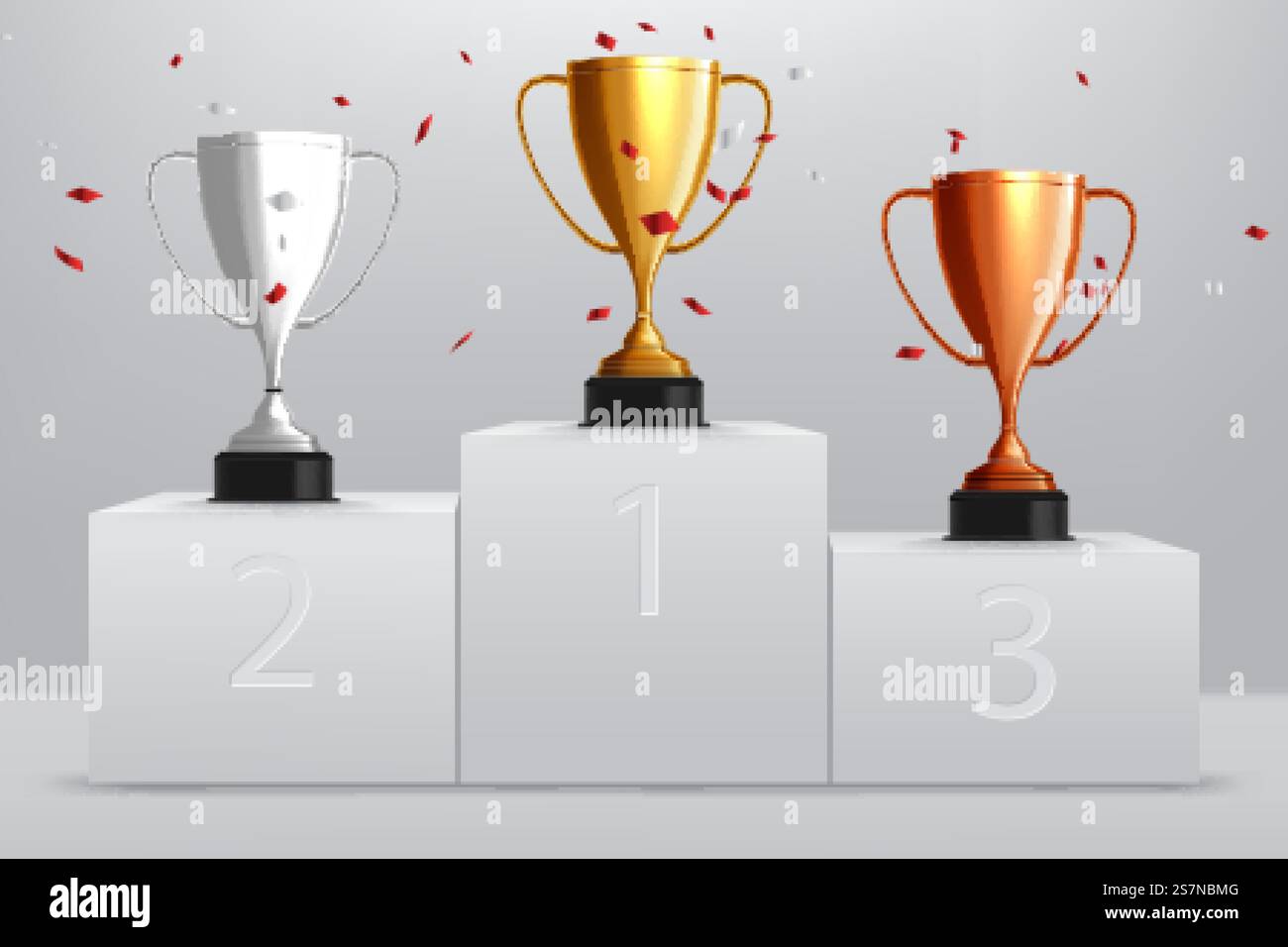 Winner background. Gold, Silver and Bronze Trophy Cup on prize podium ...