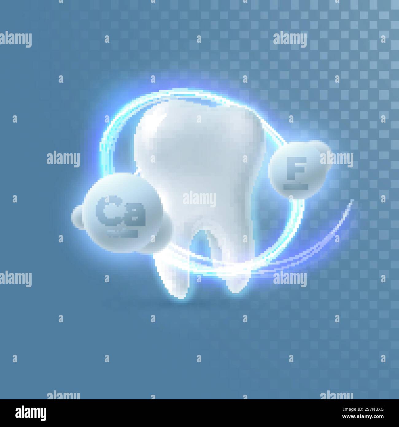 Realistic 3d tooth with calcium and fluorine particles isolated on ...