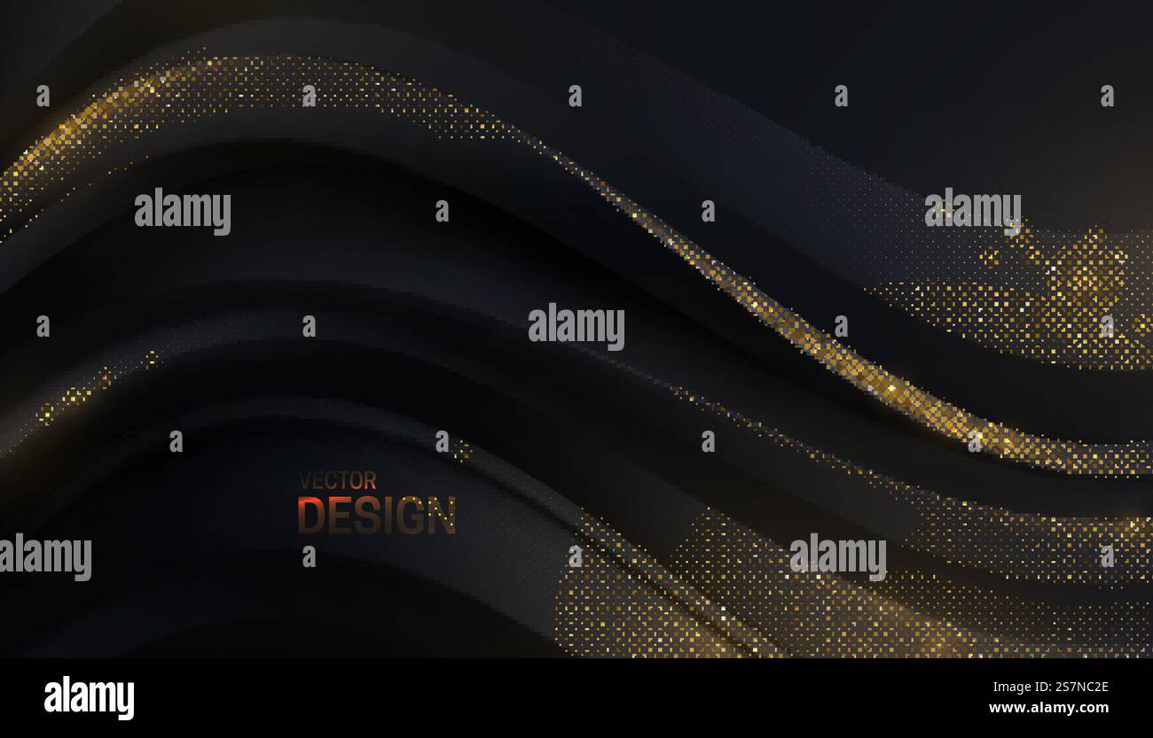 Black curvy wave shape with golden glitters. Abstract 3d background ...