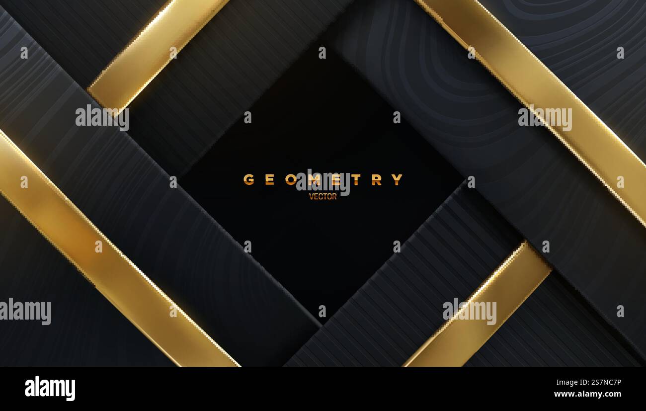 Abstract background. Black layers with wavy engraved texture and golden ...