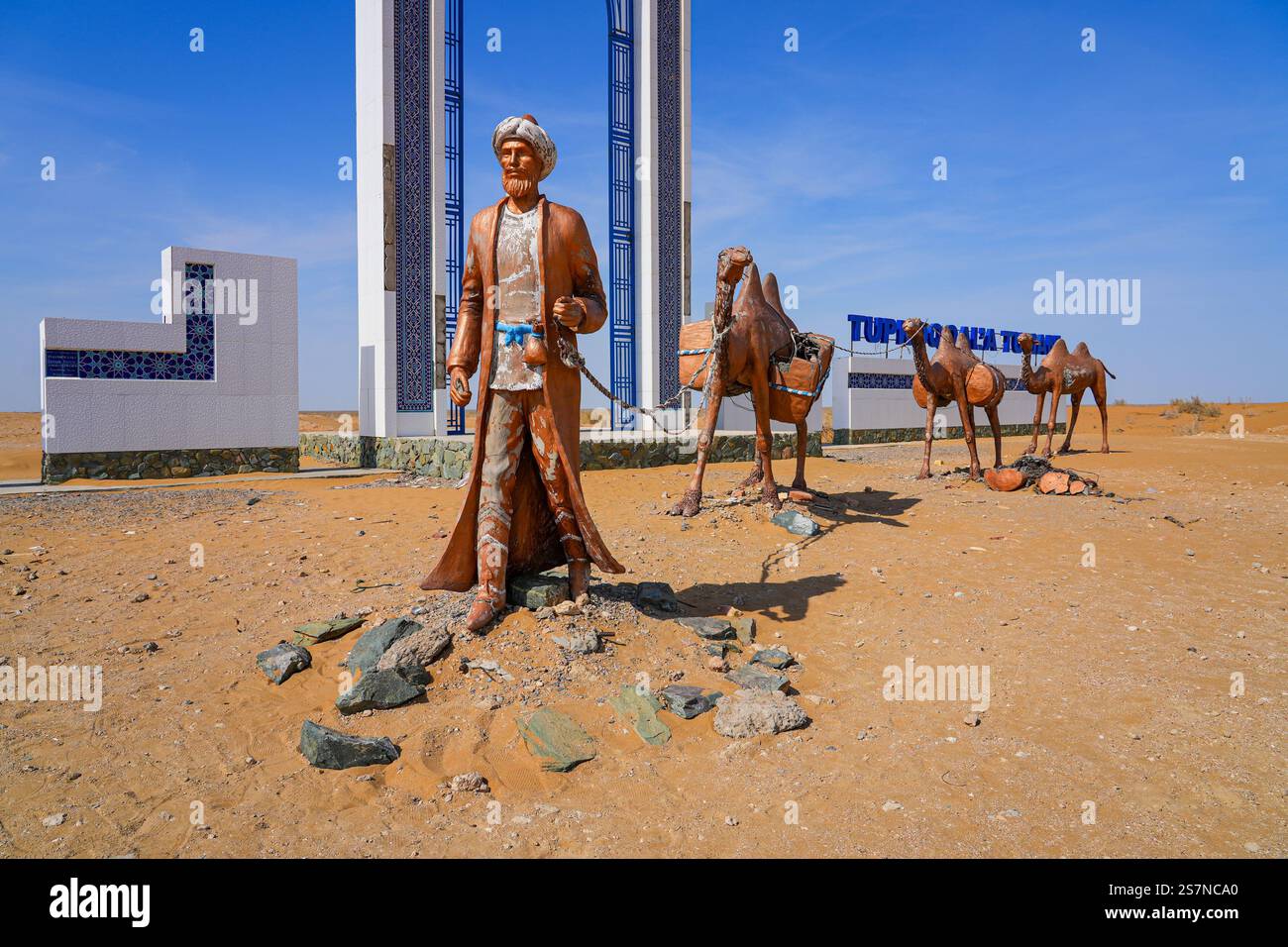 Sculpture of a camel train caravan along the ancient silk road at the ...