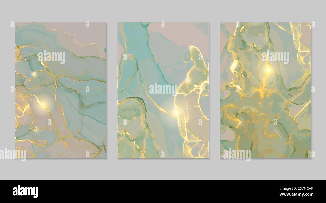 Mint, grey, gold marble abstract backgrounds. Set of alcohol ink ...