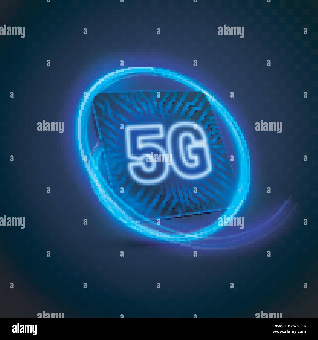 5G technology icon with circuit board texture and neon light trail ...