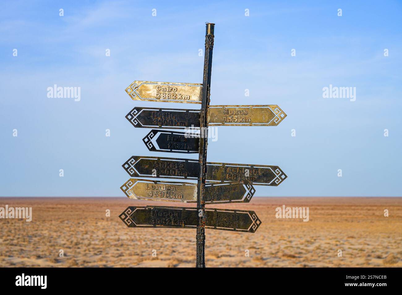 Multiple destinations orientation signpost located on an overlook above ...