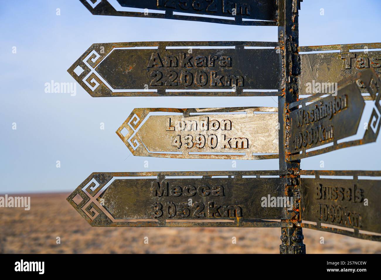 Multiple destinations orientation signpost located on an overlook above ...