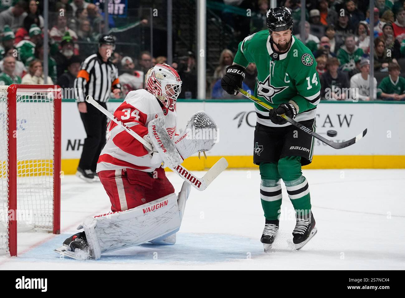 Detroit Red Wings goaltender Alex Lyon (34) defends the goal against ...