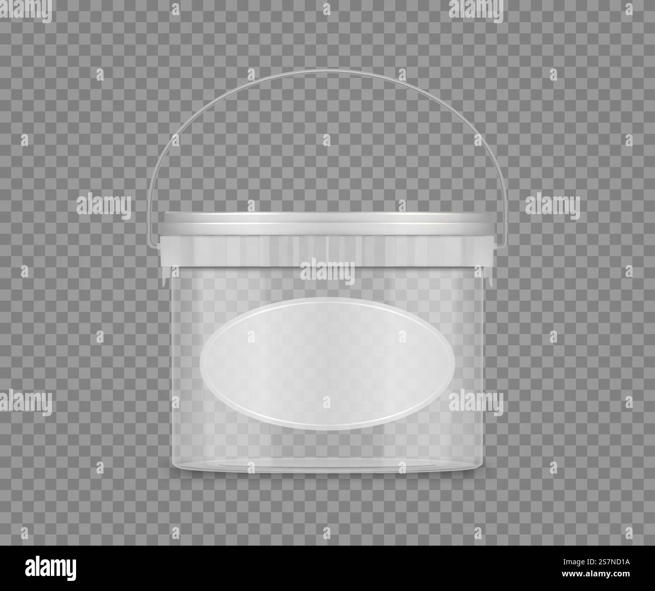 Empty plastic transparent bucket mockup with label and handle ...