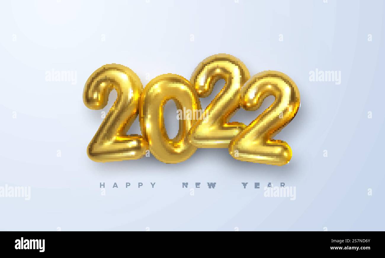 Happy New 2022 Year. Holiday vector illustration of golden metallic numbers 2022. Realistic 3d ...