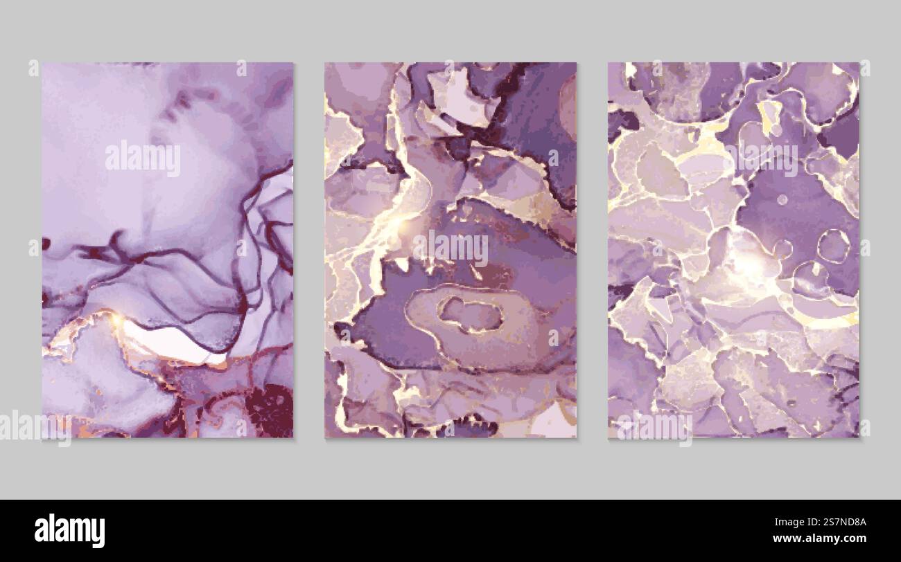 Violet and gold marble abstract backgrounds in alcohol ink technique. Set of vector stone ...