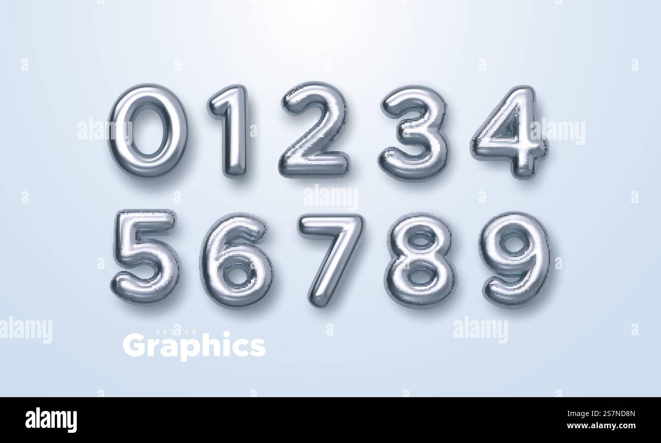 Realistic 3d silver numbers set isolated on white background Stock ...
