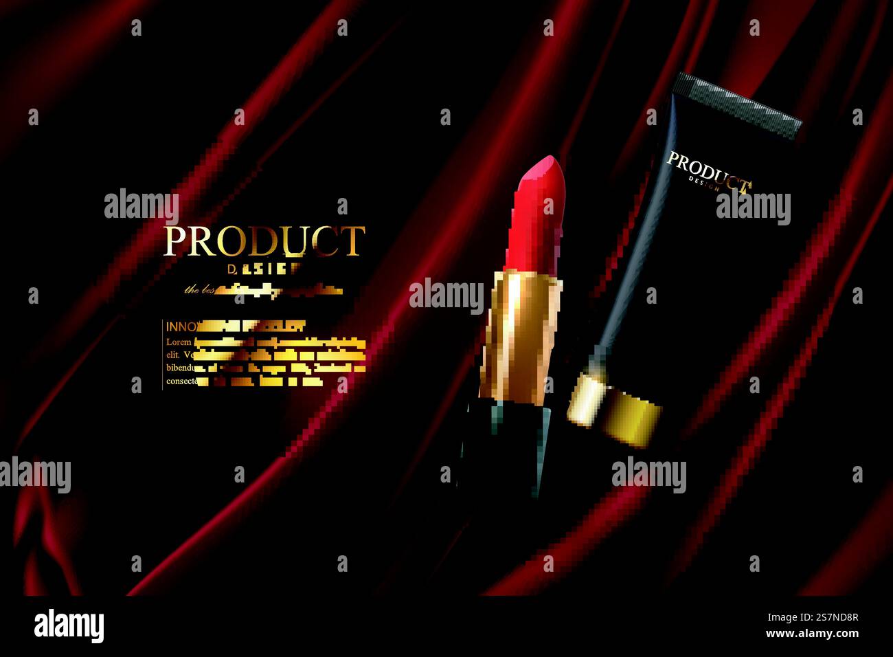 Red lipstick and black cream tube on fabric background. Facial anti ...