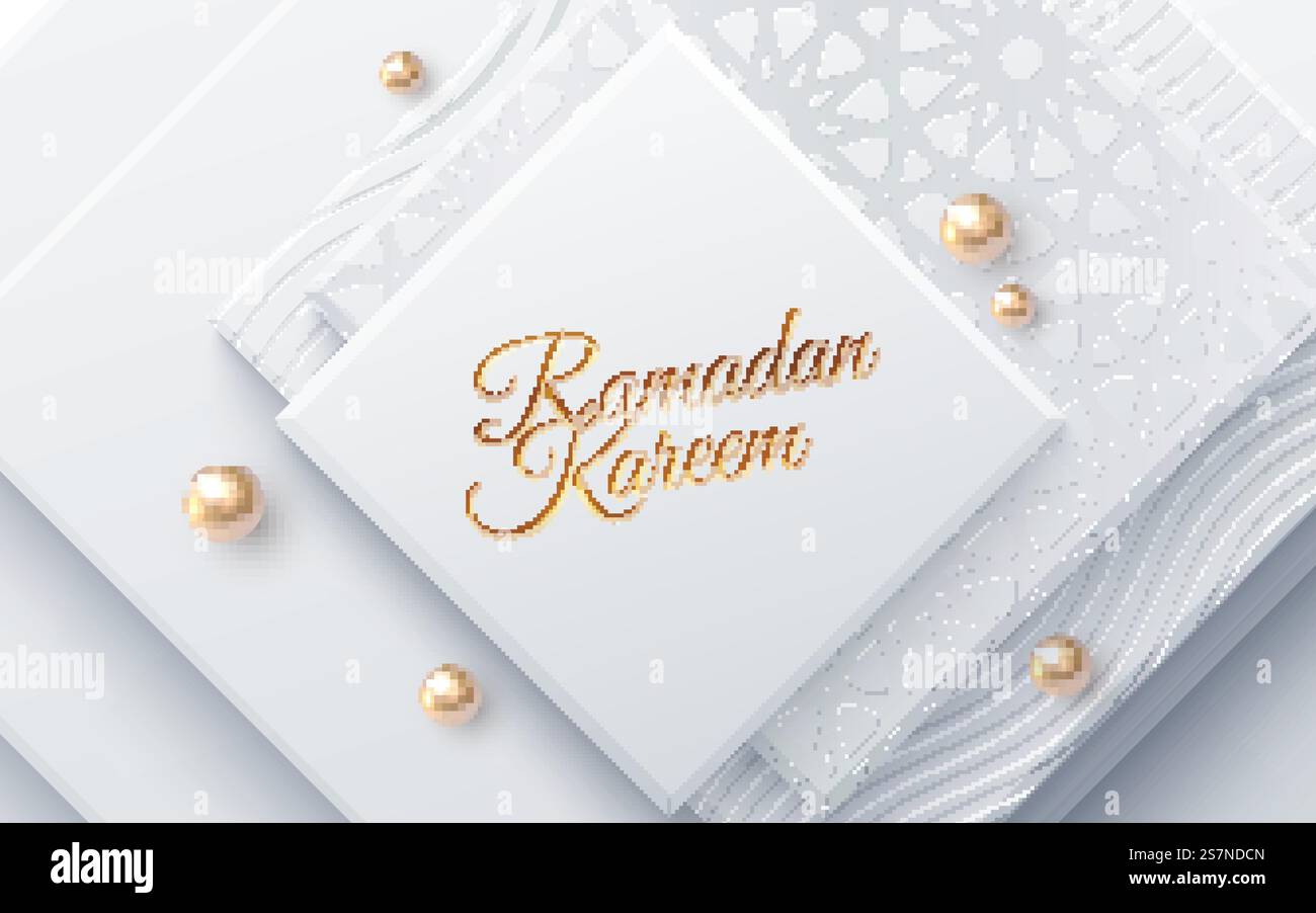 Ramadan Kareem holiday sign on white geometric shapes and pearls Stock ...