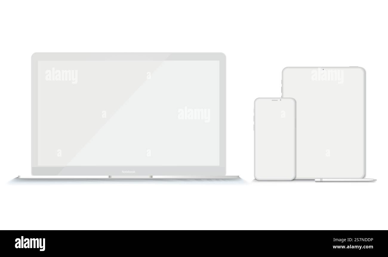 Set of modern clay devices mockups: PC, laptops, tablet computer ...