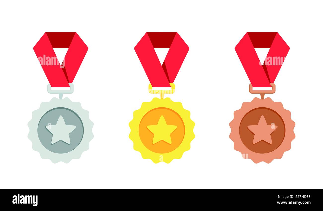 Gold, silver, bronze medal. 1st, 2nd and 3rd places. Trophy with red ...