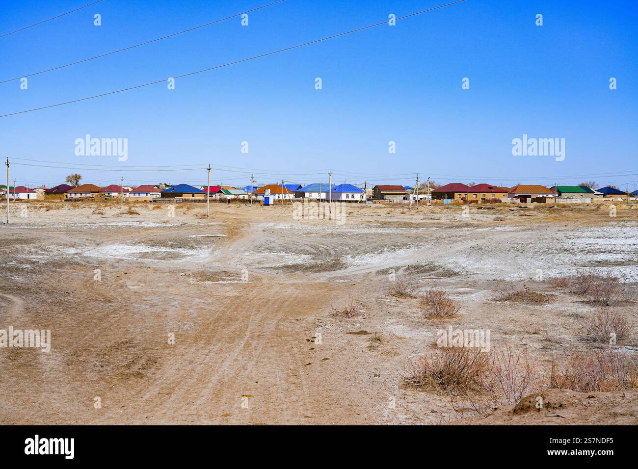 Residential neighborhood in Moynaq (Muynak), a former fishing village ...
