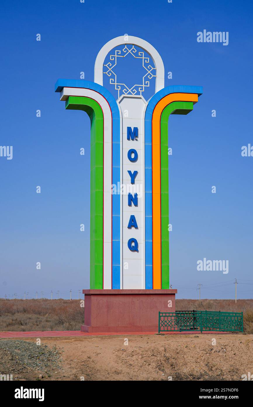 Large roadside landmark welcoming drivers to Moynaq (Muynak) featuring ...