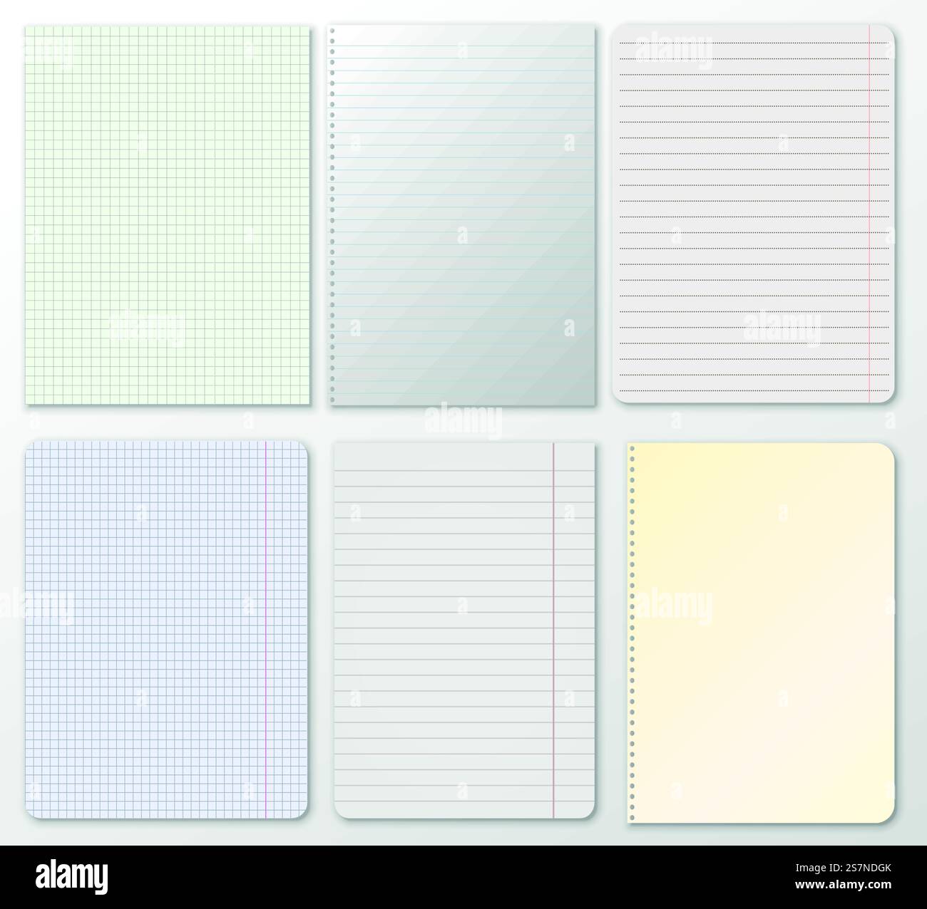 Set of note, notebook lined, squared paper stuck on grey background ...