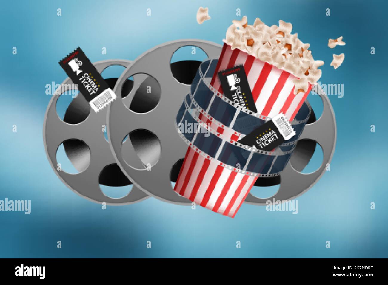 Realistic cinema movie poster template with film reel, clapper, popcorn, 3D glasses Stock Vector ...