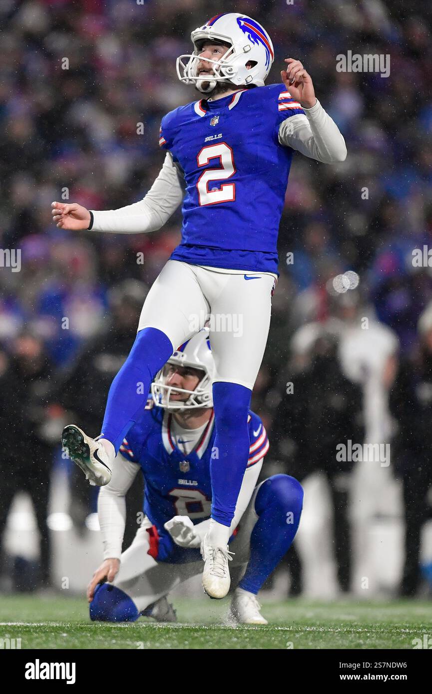 Buffalo Bills place kicker Tyler Bass (2) kicks a field goal against ...