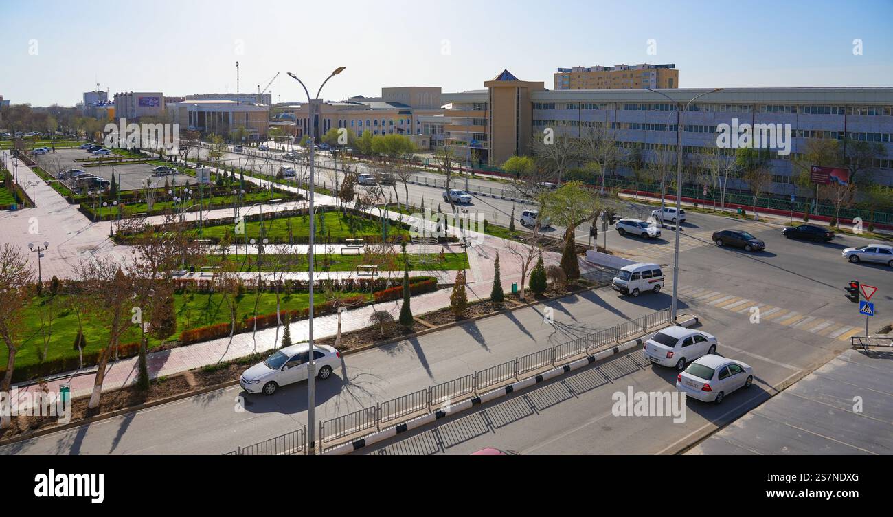 Aerial view of an intersection in downtown Nukus, the capital of ...
