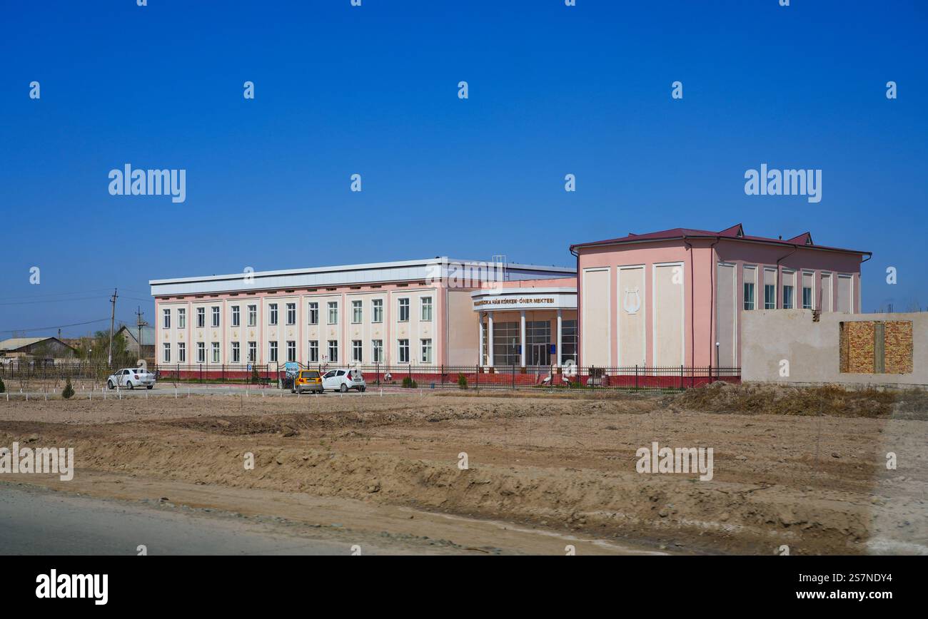 Pink elementary school in Nukus, the capital of Karakalpakstan in ...