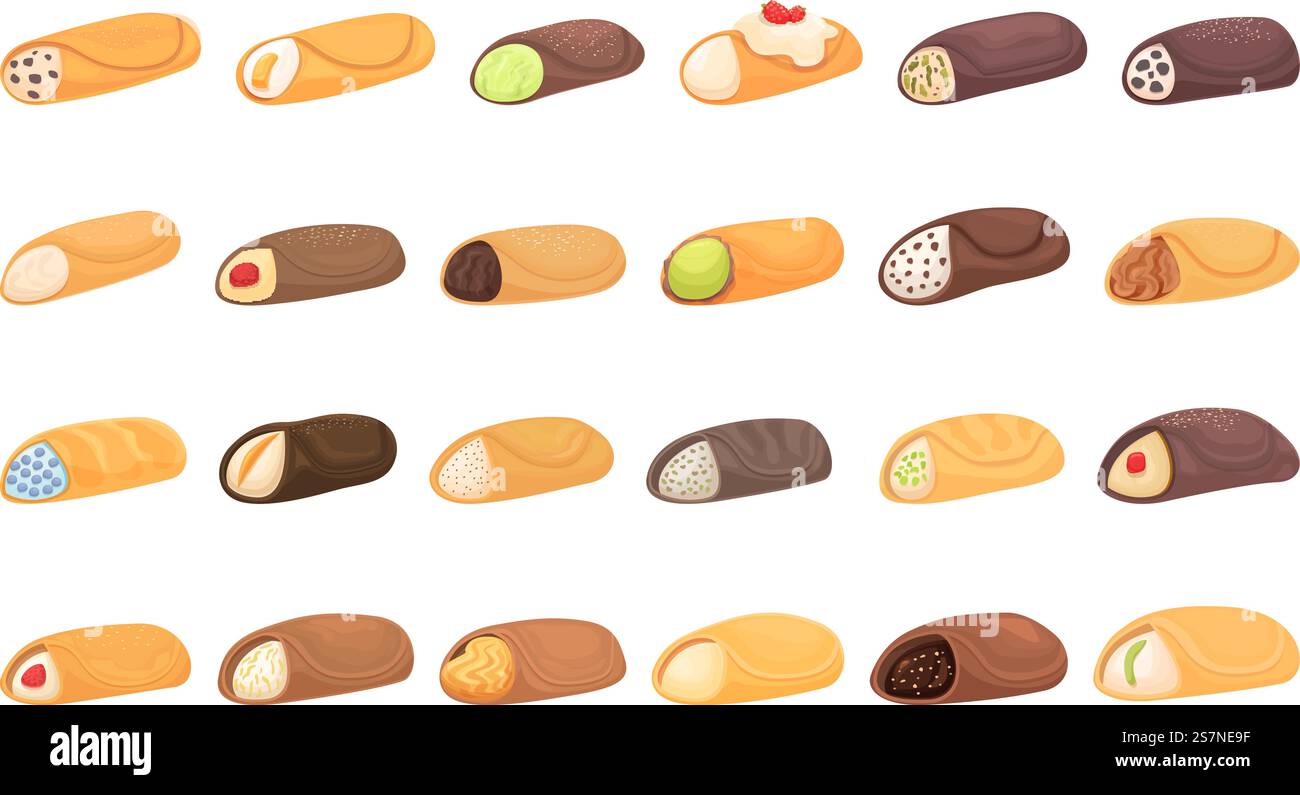 Cannoli icons set cartoon vector. Cream food. Cake cheese. Cannoli ...
