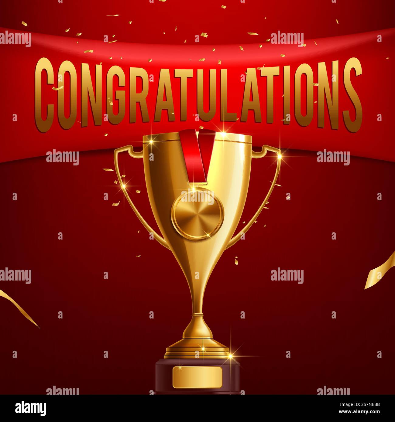 Realistic Golden Trophy with congratulations text on textile banner ...