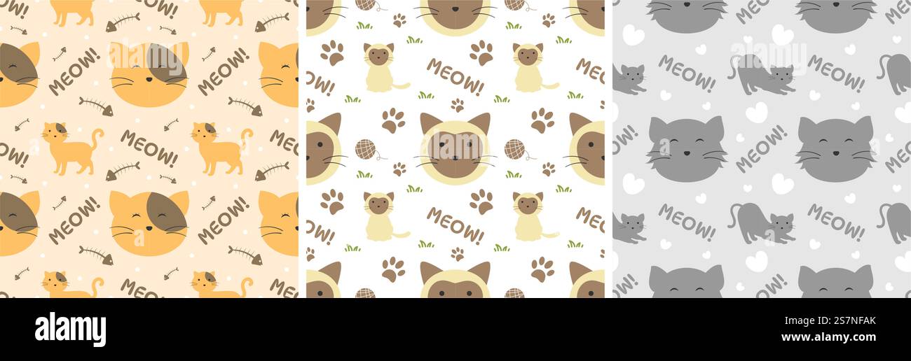 Set of Cats Animals Seamless Pattern Design with Cat Element in ...