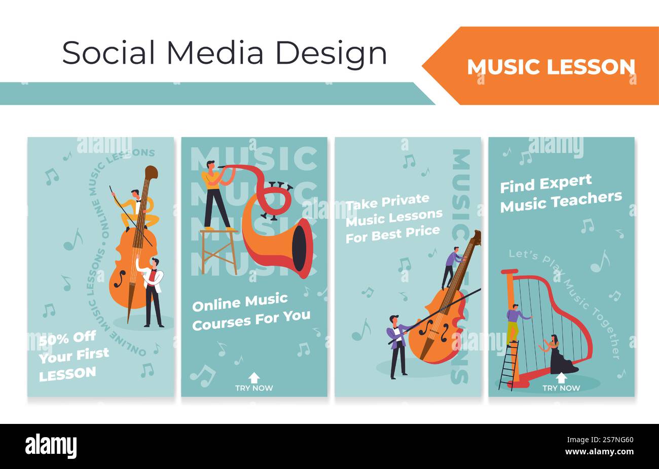 Network stories design set for music lessons offer. Flat man woman ...