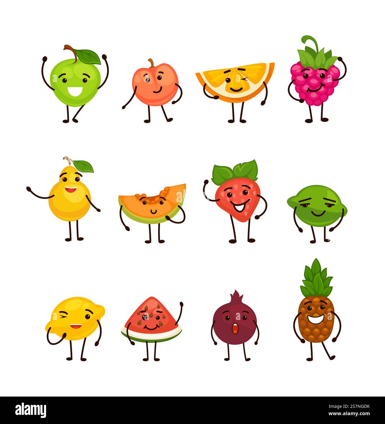 Flat natural food character set with cute face. Happy fruit product ...