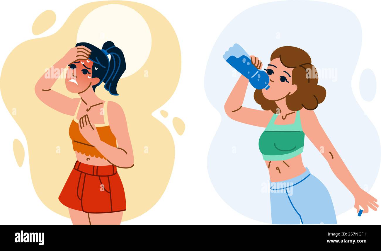 young dehydration people vector. summer person, temperature heat, water ...