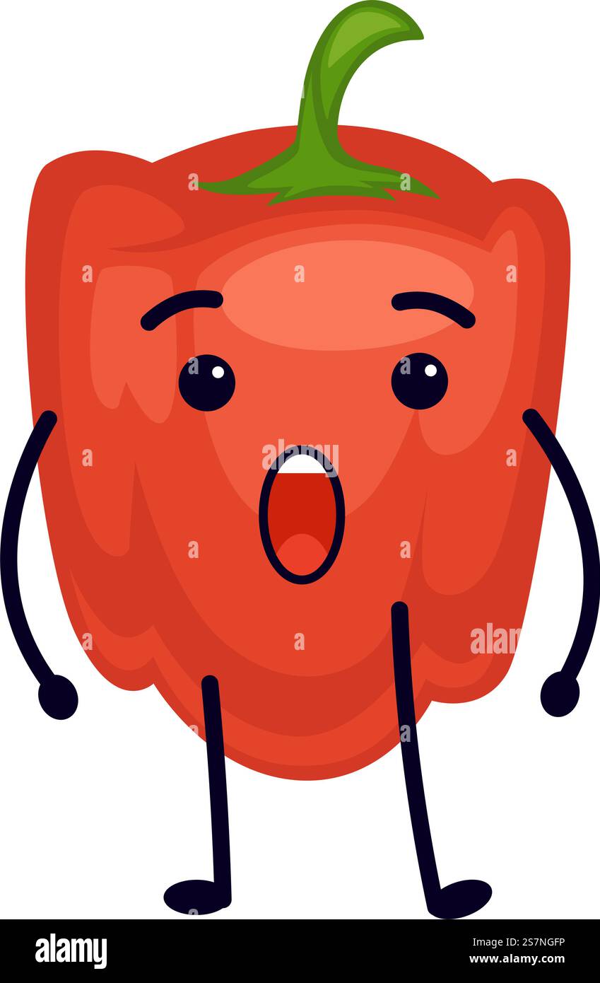 Bell pepper cartoon character with surprised facial expression, hands ...