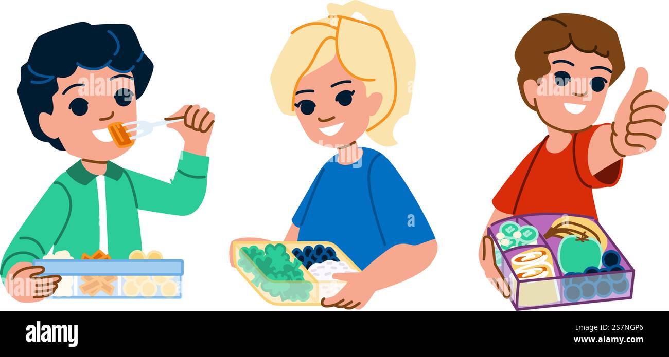 childhood kid eating healthy lunch vector. child home, breakfast ...