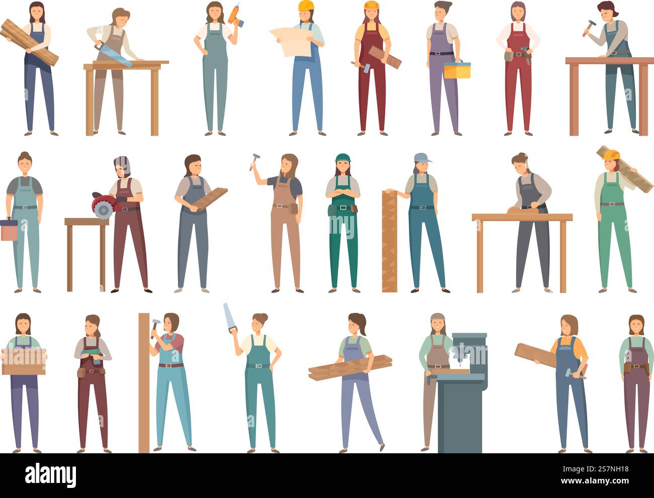 Woman carpenter icons set cartoon vector. Art work. Worker person ...