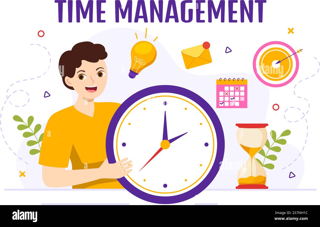 Time Management Vector Illustration with Clock Controls and Tasks Planning Training Activities ...