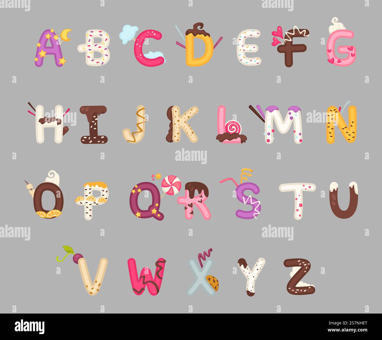 Colorful font set design with dessert elements. Sweet alphabet letters ...