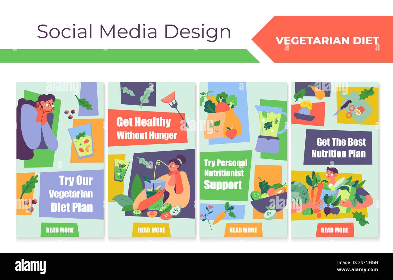 Social media story set with vegetarian diet plan. Flat man woman ...