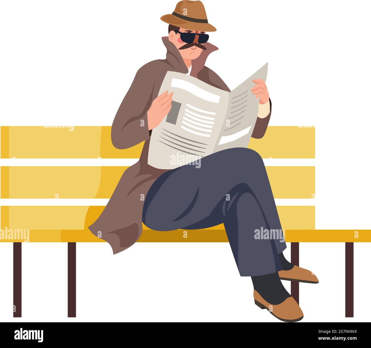 Private investigator sitting on bench in park, reading newspaper ...