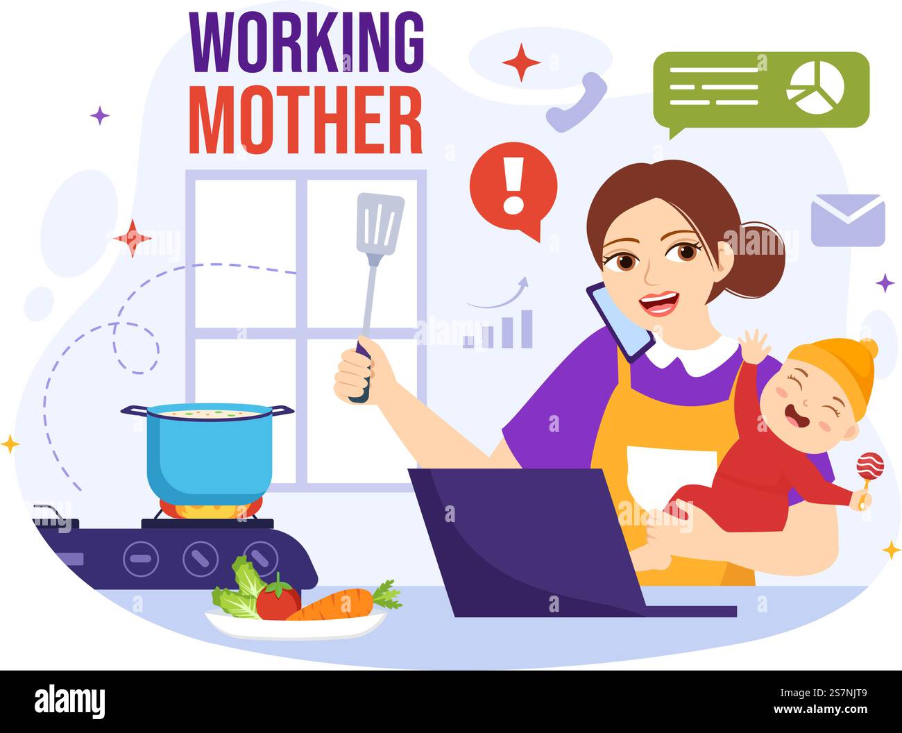 Working Mother Vector Illustration with Mothers who does Work and Takes ...